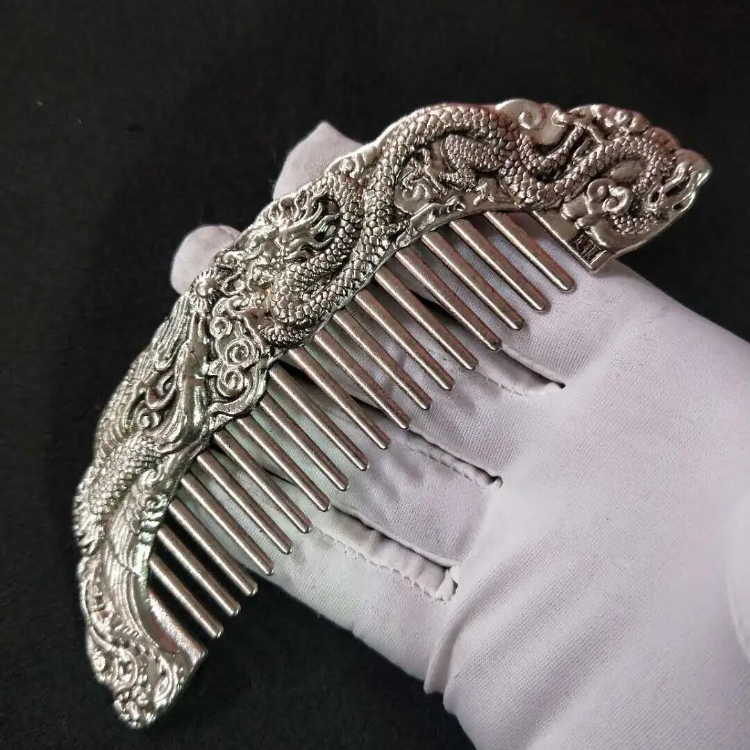 Серебряная тибетская расческа с драконом и фениксом 13x4cm
