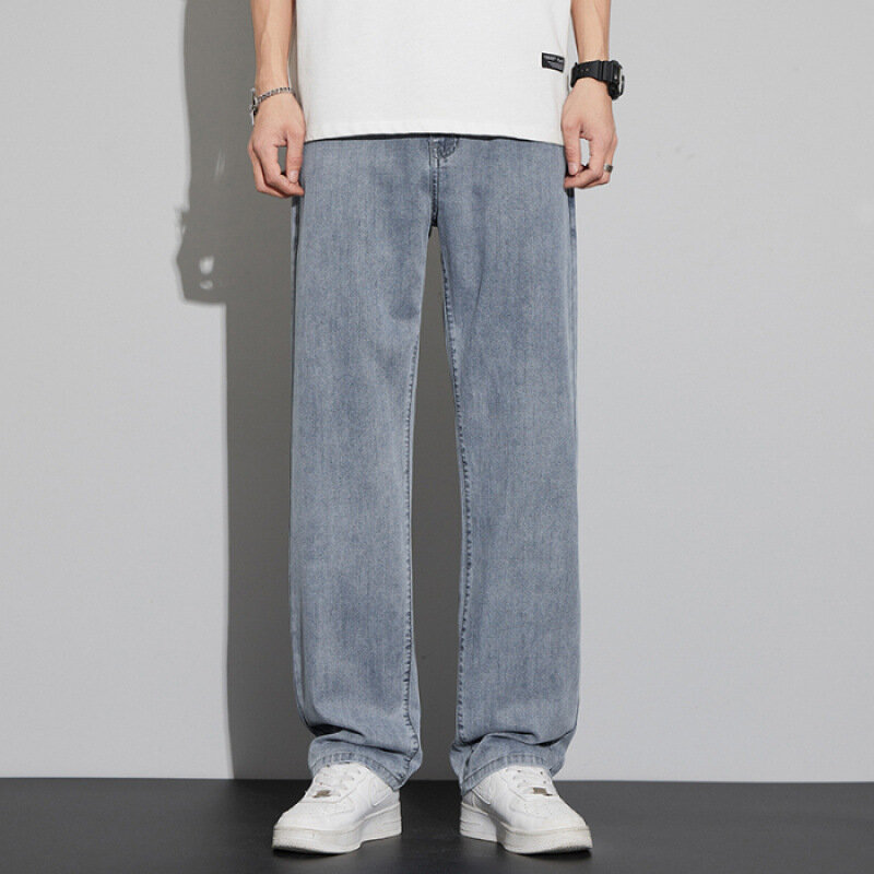 Охоты Брюки JYL Новые тонкие джинсы мужские высокий пояс широкие прямые широкие штаны