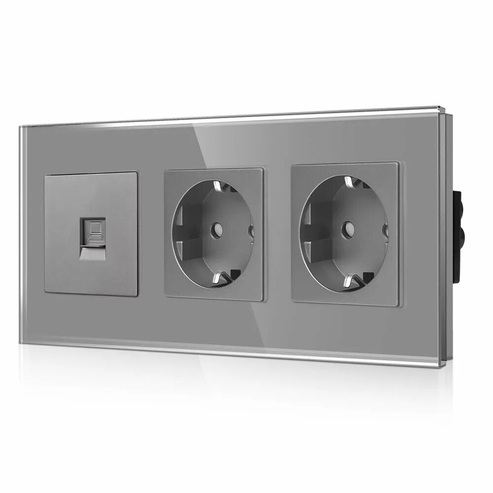 Розетка электрическая 3 поста 220В +Розетка RJ-45 CAT6 Ethernet серый