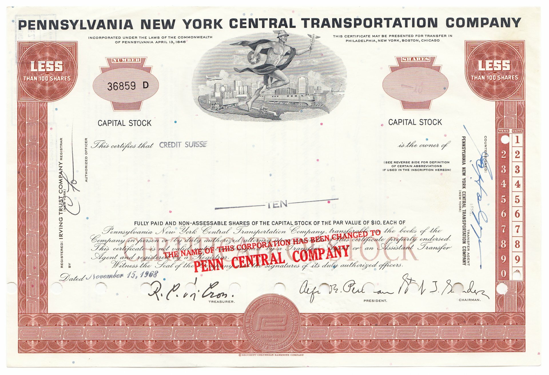 Акция США PENNSYLVANIA NEW YORK CENTRAL TRANSPORTATION COMPANY 1968 г