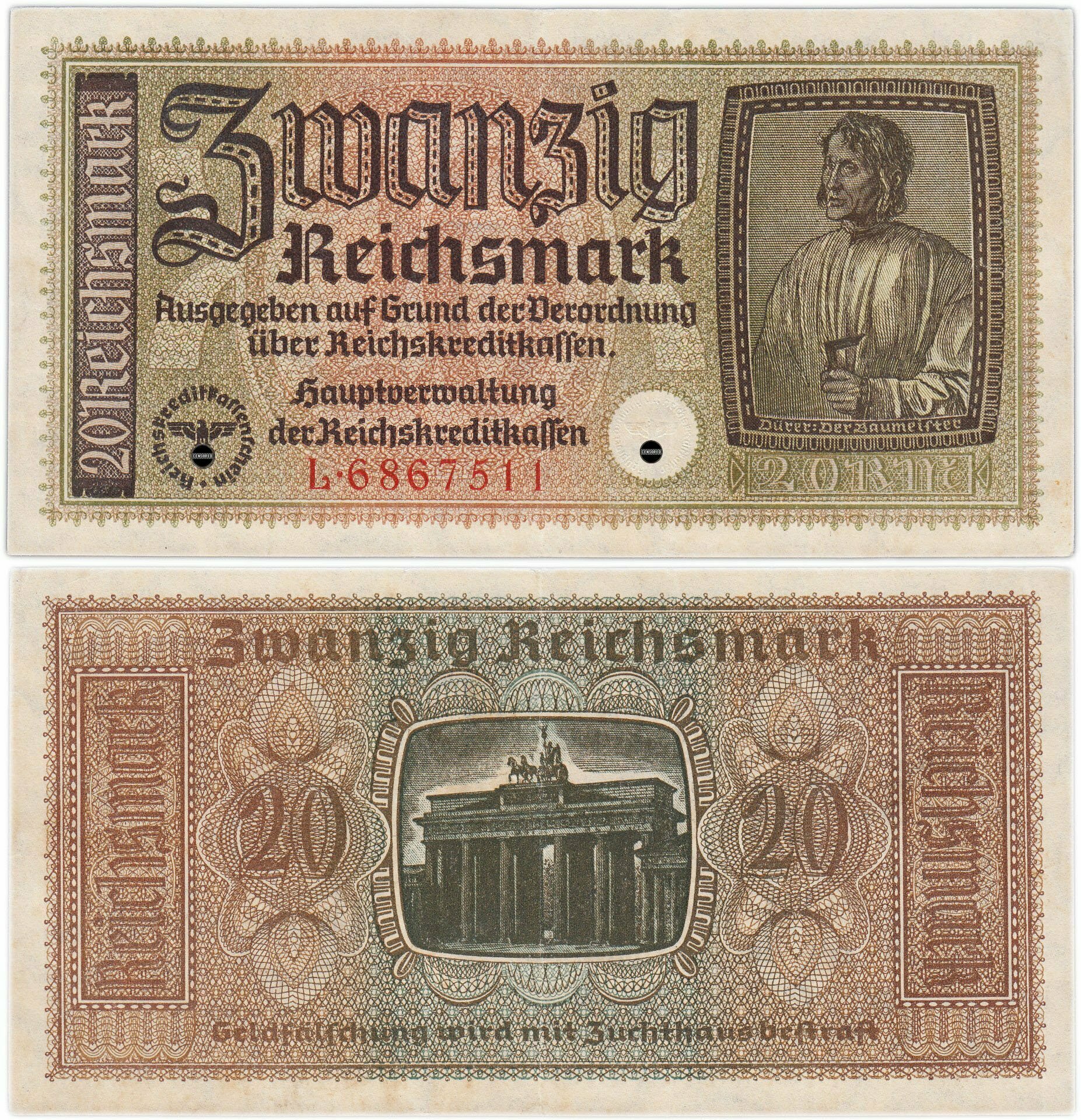 Германия 20 рейхсмарок 1940-1945 Немецкие оккупационные территории