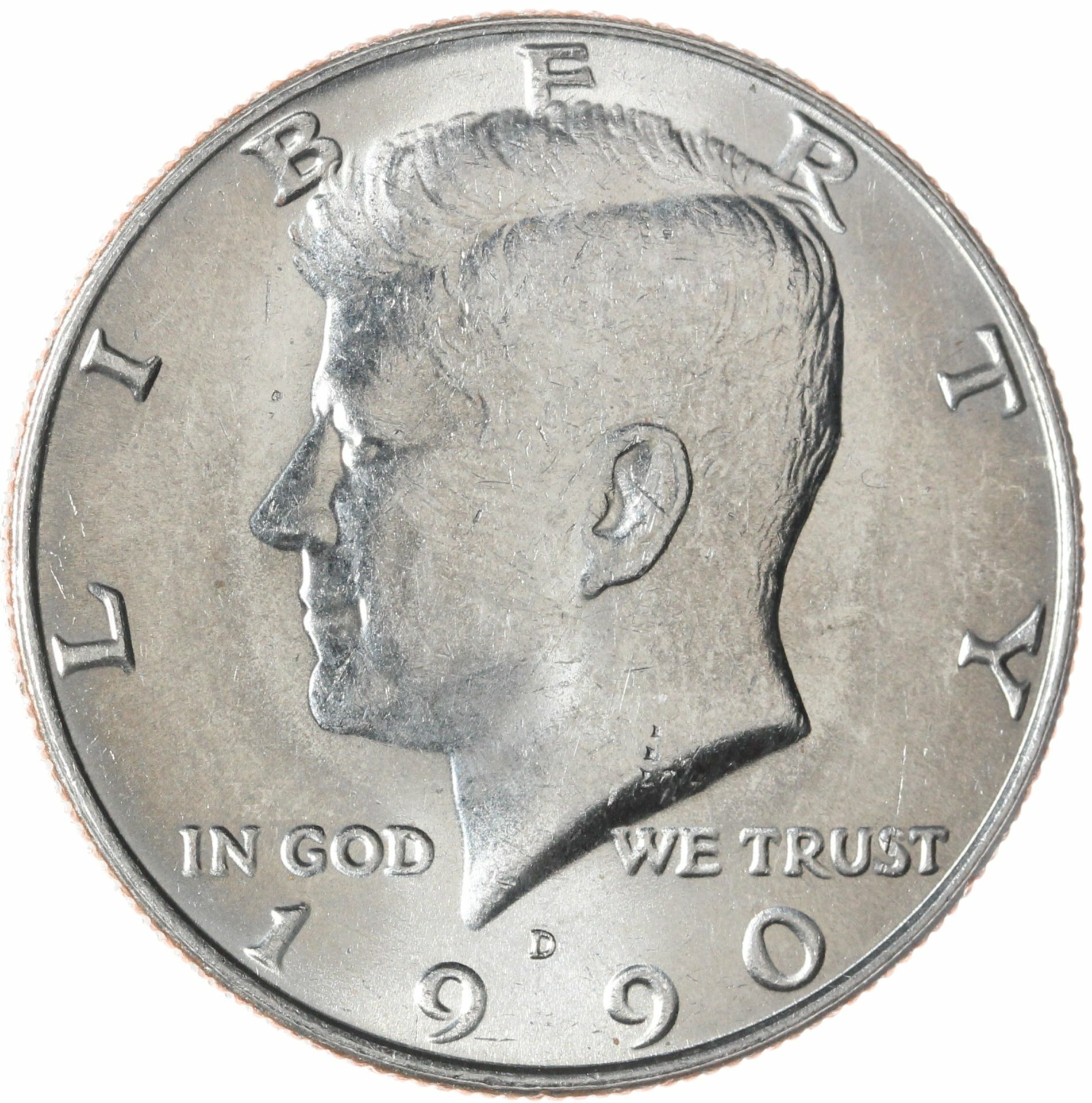 США 50 центов 1/2 доллара, half dollar 1990 D Kennedy Half Dollar Кеннеди знак монетного двора "D" - Денвер, Медь, в сохранности AU-UNC