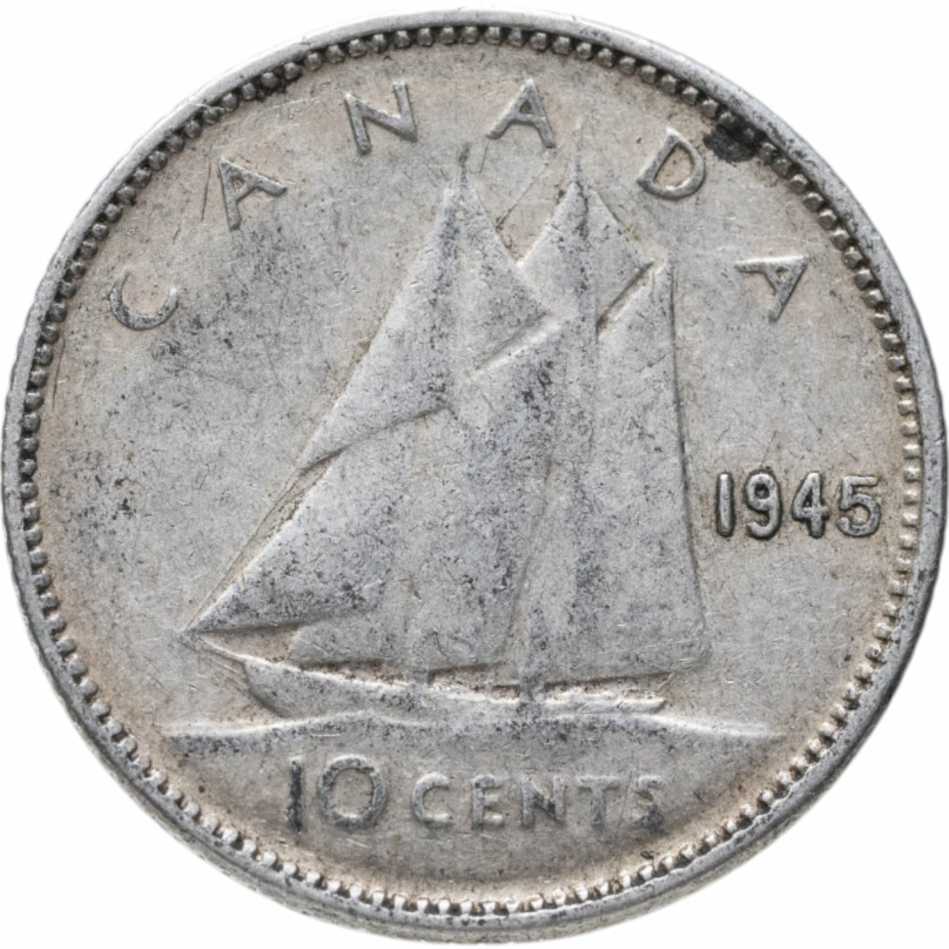 Канада 10 центов cents 1945, Серебро 800, в сохранности XF-AU