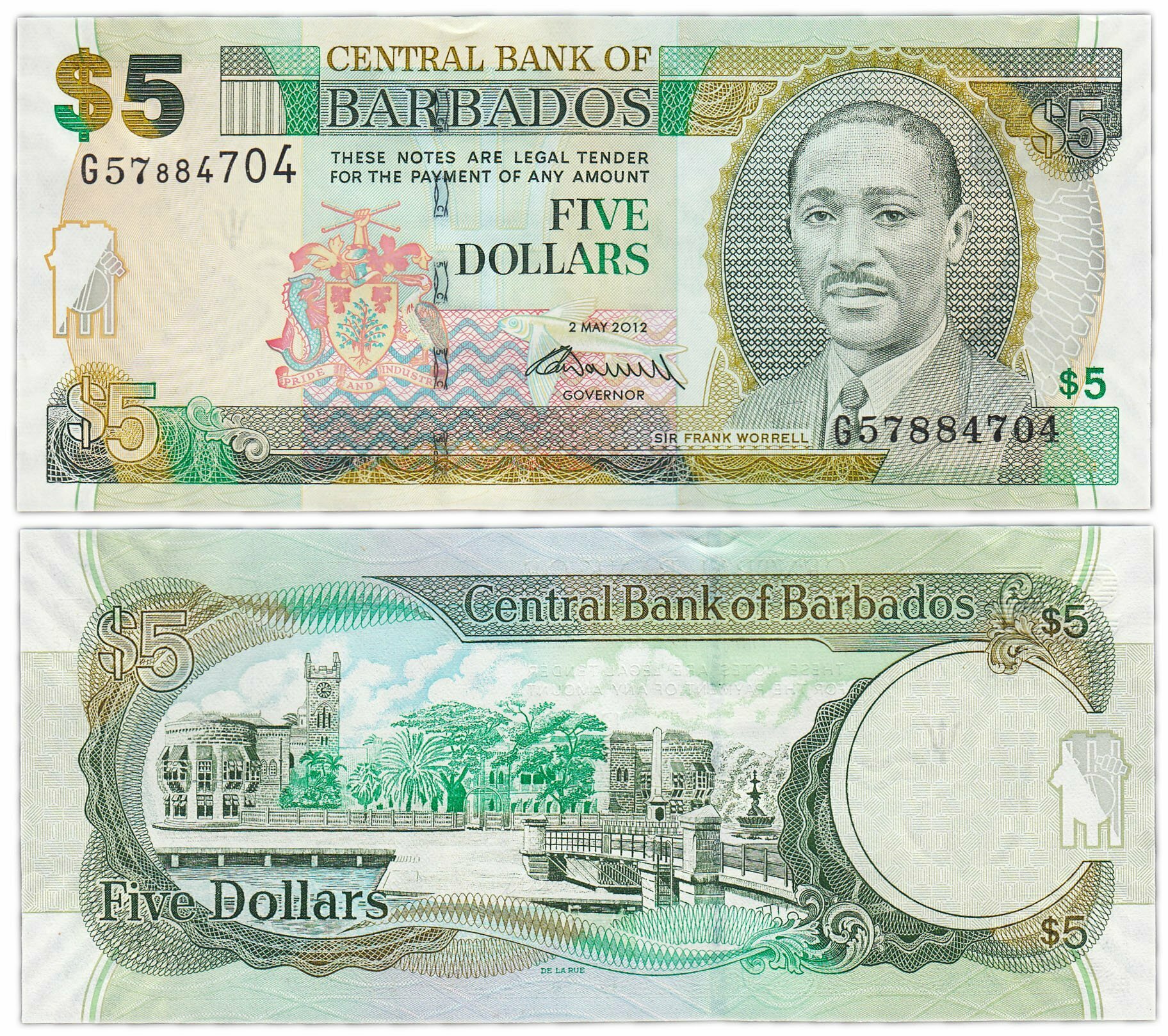 Барбадос 5 долларов 2012 Трафальгарская площадь, Бриджтаун" Pick 67с