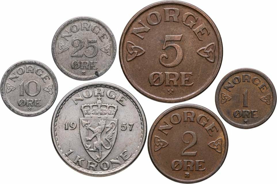 Норвегия набор монет для обращения 1951-1957 6 штук, Бронза, Мельхиор, в сохранности VF-XF