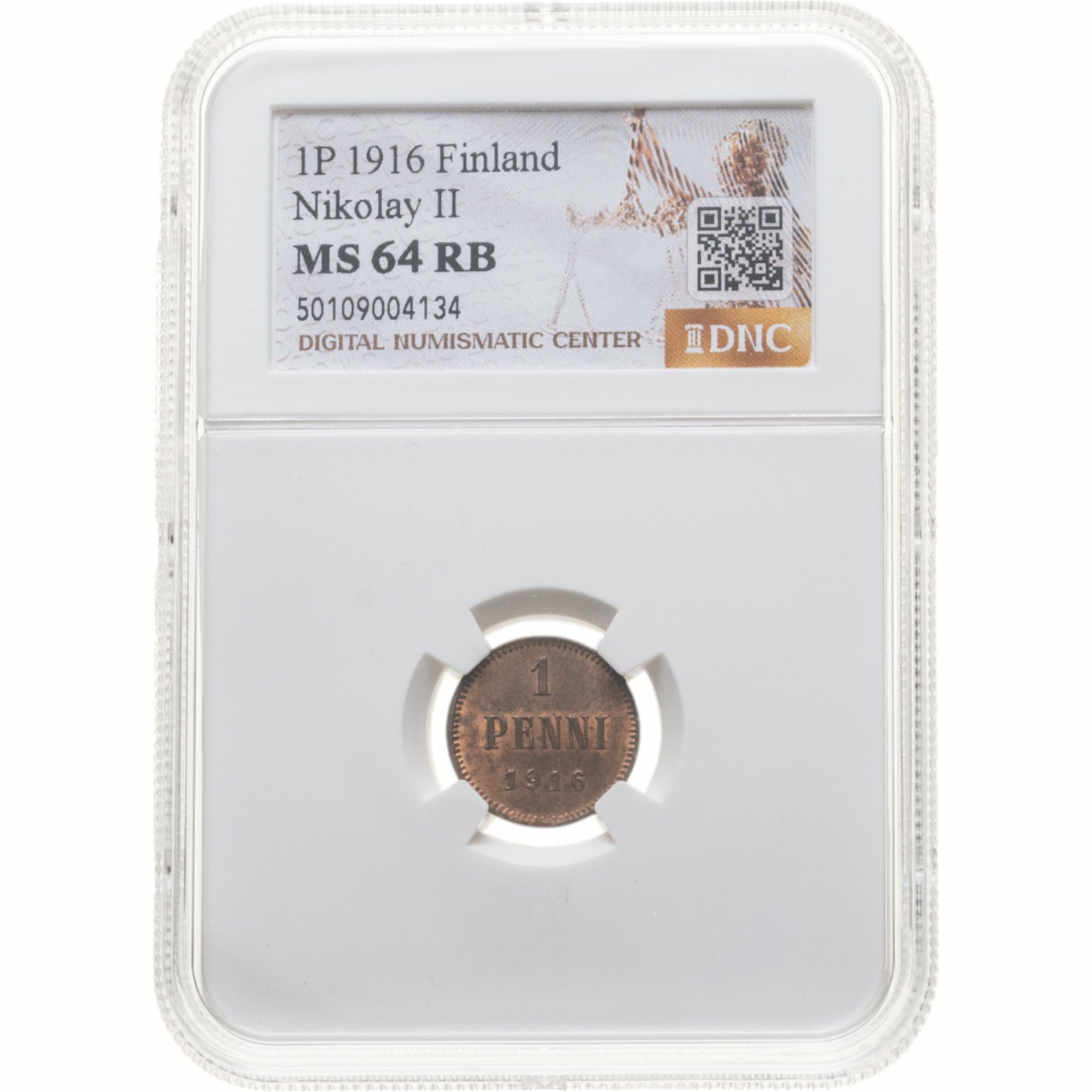 Российская Финляндия 1 пенни 1916 в слабе DNC MS64BR, Медь