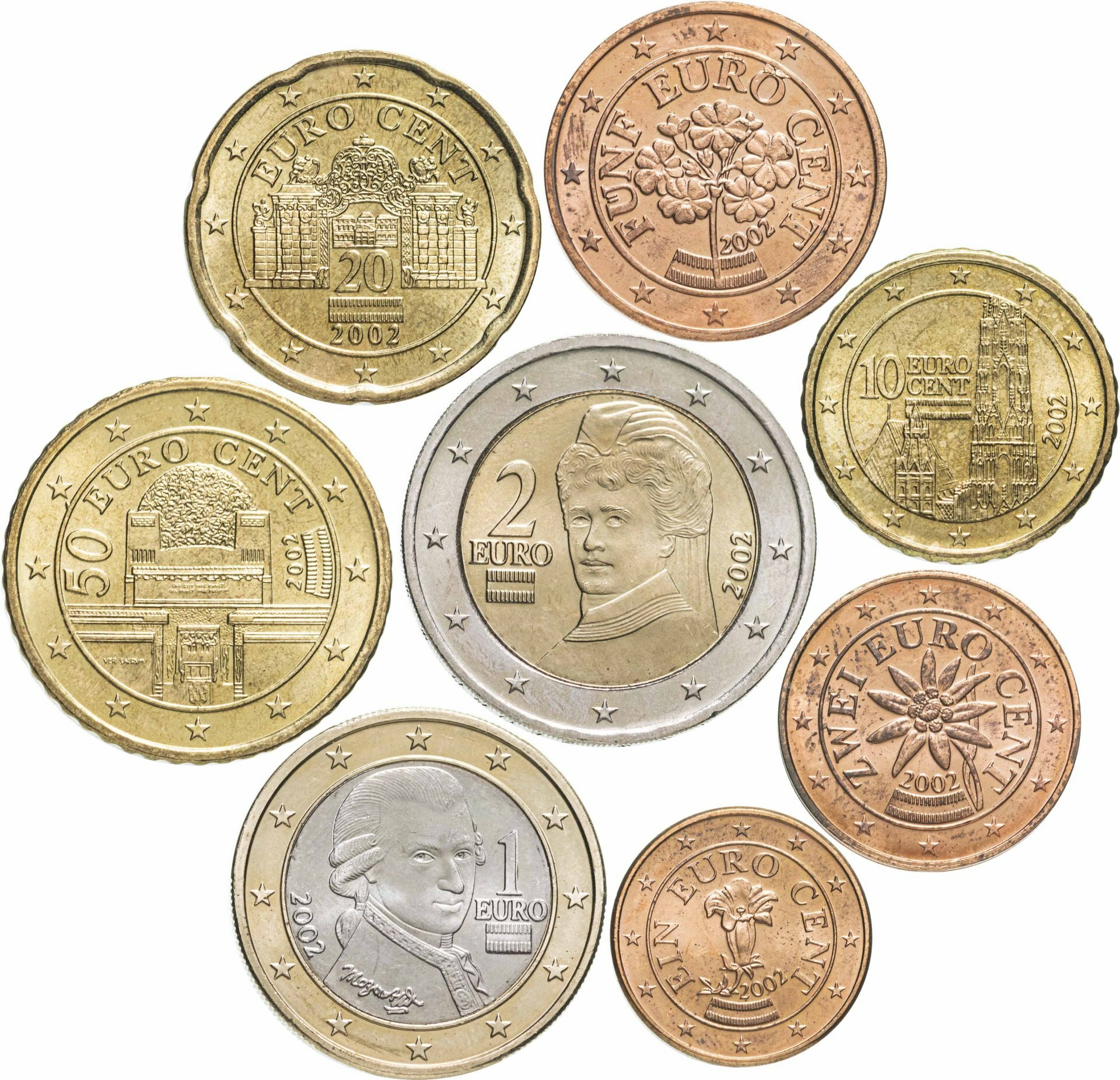 Австрия набор из 8 монет евро 2002, Биметалл, нордик, сталь с медным покрытием, в сохранности UNC