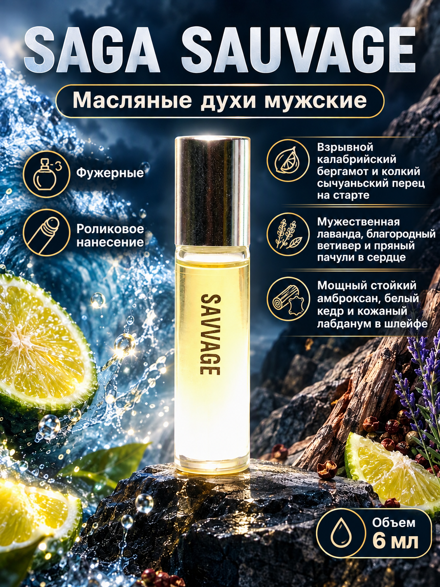 Saga Мужской Sauvage Масляные Духи Мужские (Oil Parfum) 6мл фужерные