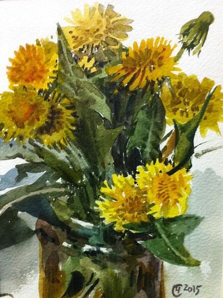 ART-Salon at Oktyabrskaya картина акварельная "Одуванчики", 19х16 см, бумага/акварель, с паспарту