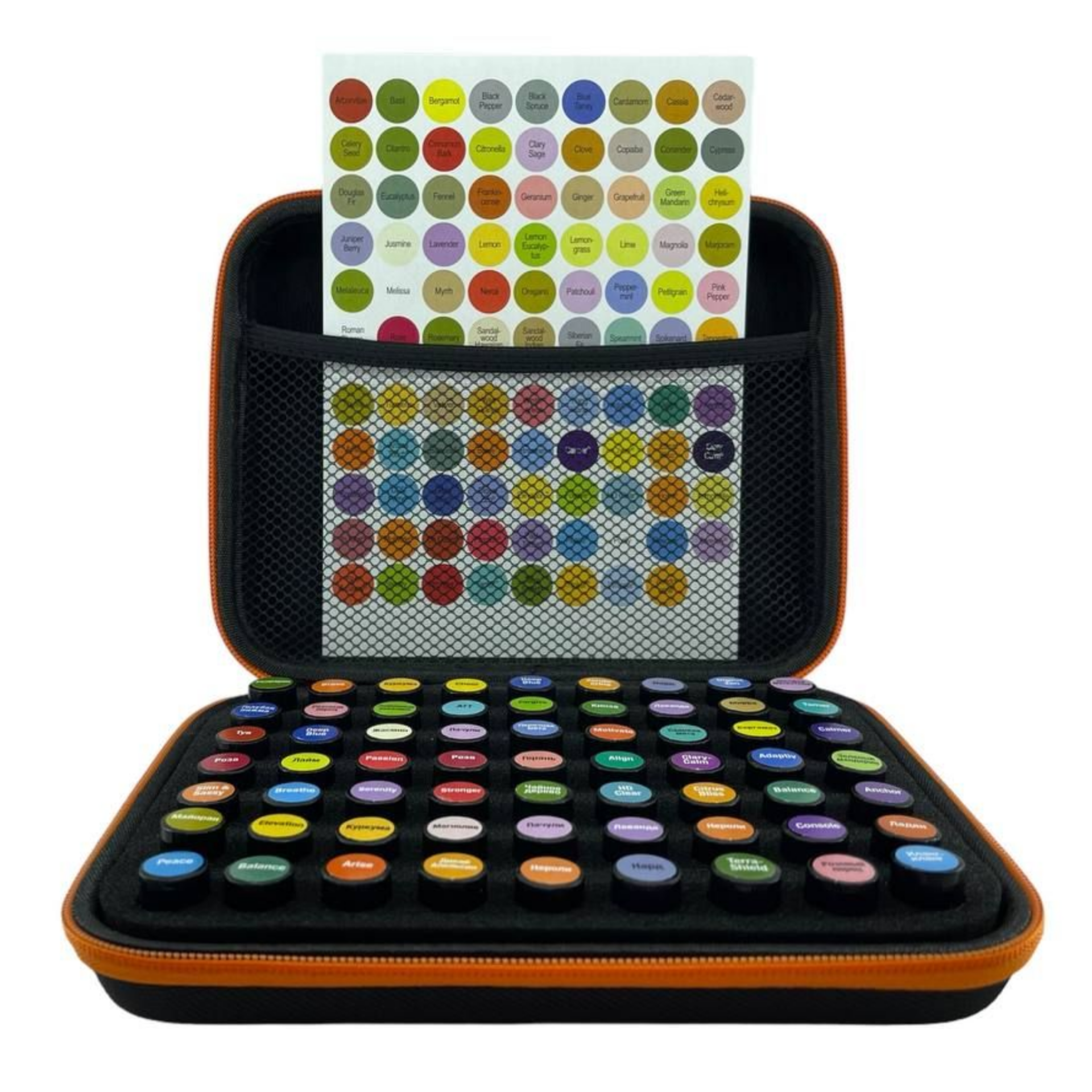 Аромабокс - сумочка на 63 ячейки с оранжевой молнией + 63 флакончика на 2мл. + наклейки для эфирных масел doTERRA
