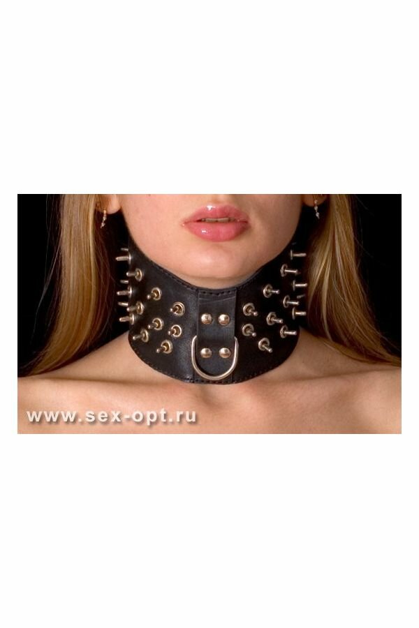 Ошейник с шипами, кожа черный хром S/M