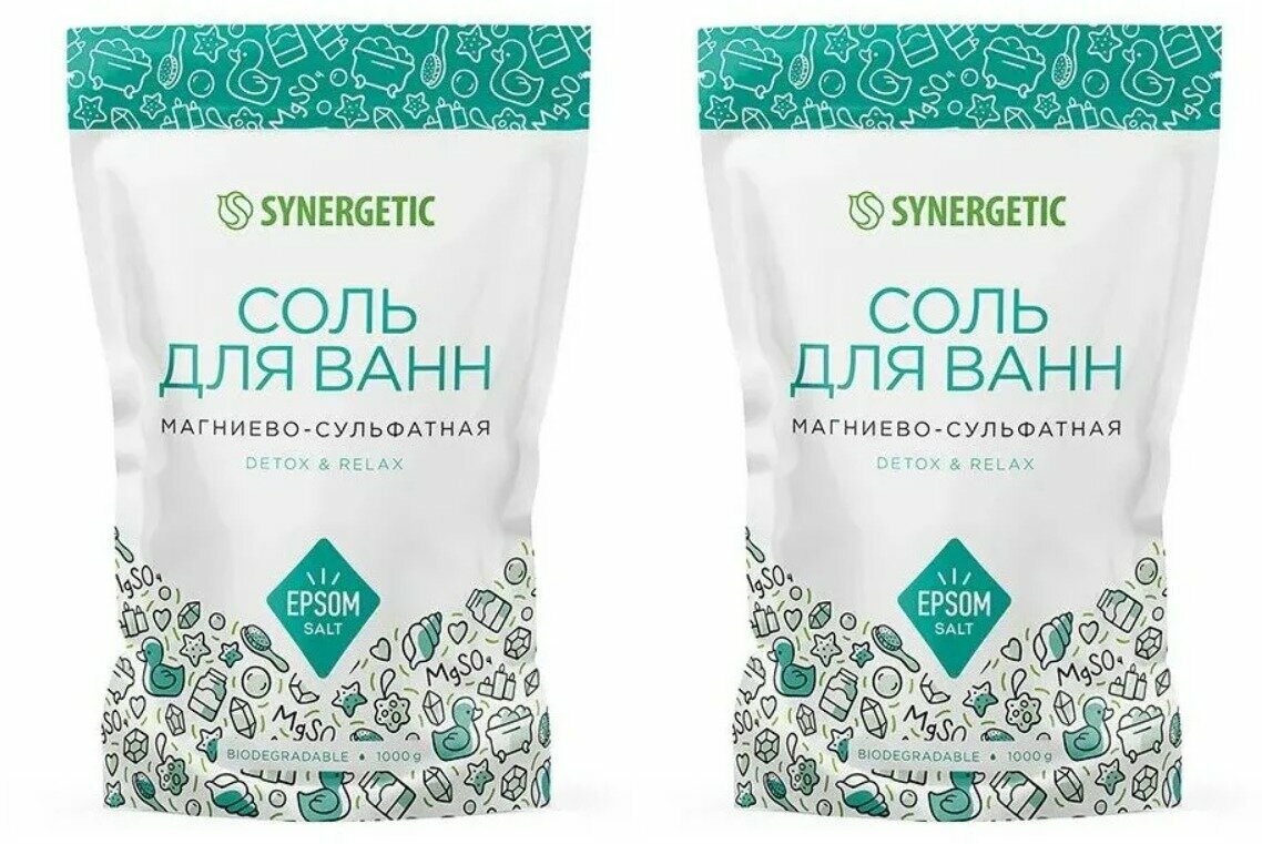 SYNERGETIC Соль для ванн Магниево-сульфатная, 1000г, 2 штуки