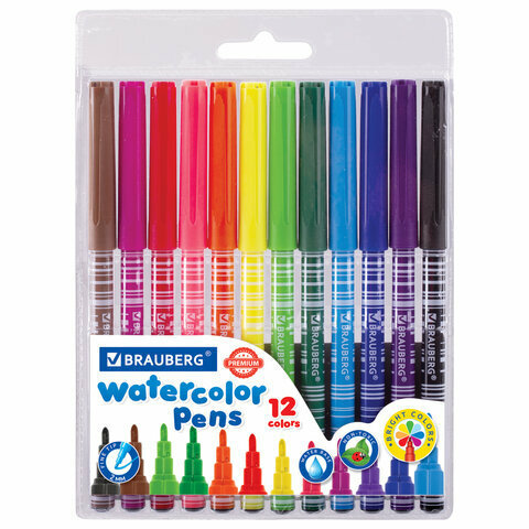 Фломастеры BRAUBERG "PREMIUM", 12 цветов, корпус С печатью, вентилируемый колпачок, ПВХ-упаковка с европодвесом, 151942