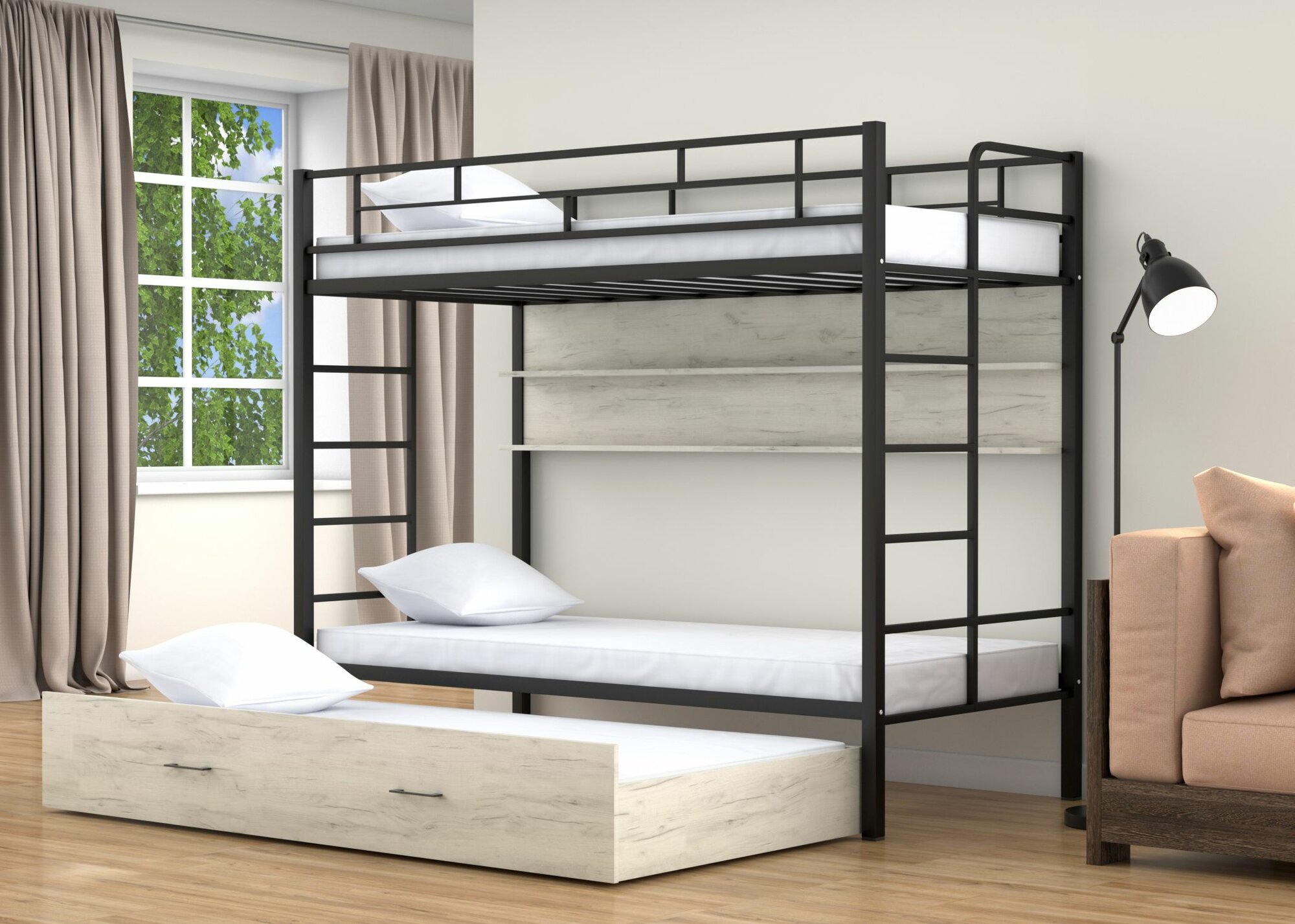 Двухъярусная кровать Валенсия Твист выкатная с полкой Черный/Дуб крафт белый