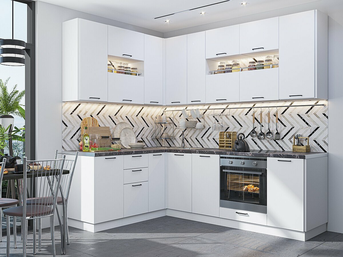 Готовый кухонный гарнитур кухня угловая без столешницы Флэт-02 2340*1700,2390*600 White In 2S