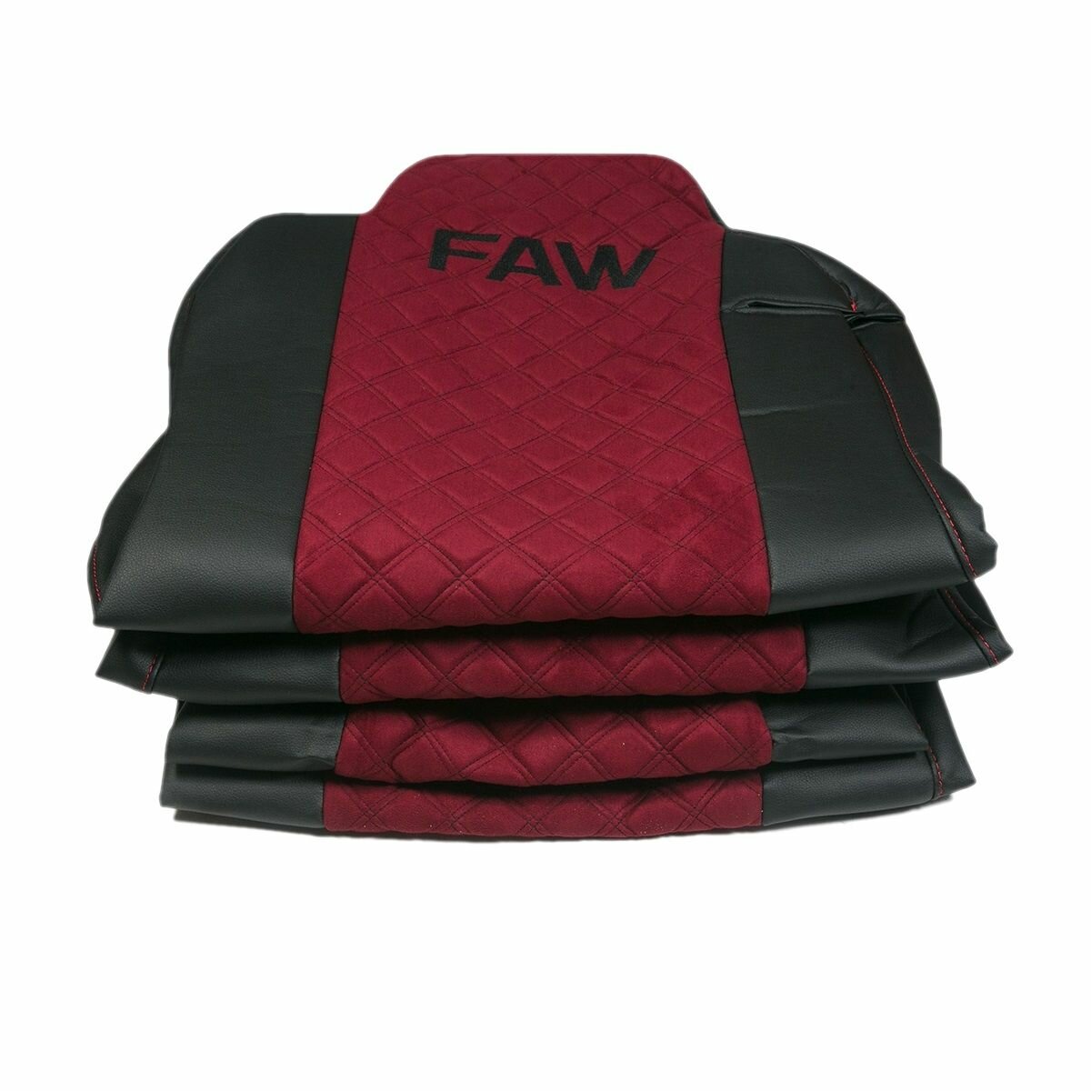 Чехлы на сиденья грузовых автомобилей FAW J6 с 2022г. 3-х осный (экокожа / алькантара). Сделано в России. Черно-Красные. Черная строчка. (26811)