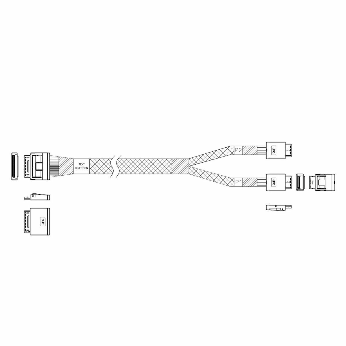 Кабель JPC P5251DR01000-1 Cable OCuLink x8 80P (прямой Straight Type) -TO- 2x OCuLink x4 42P (прямой Straight Type) , 85 Ohm, L:100cm