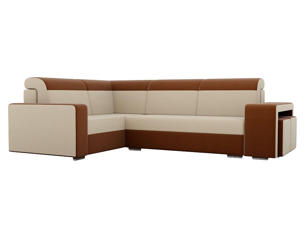 Угловой диван Мустанг с двумя пуфами Бежево-Коричневый Рогожка Левый, еврокнижка, 275х210х93 см, с ящиком для белья