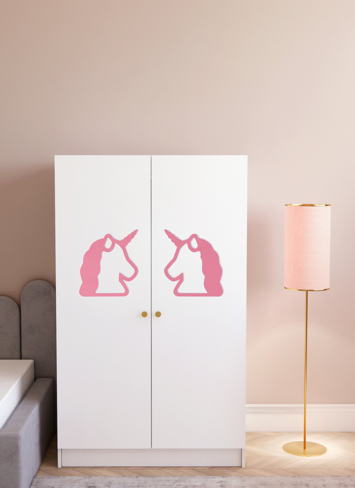 Шкаф львиная семейка Монтессори "Единорог", распашной детский, белый, с зеркалом