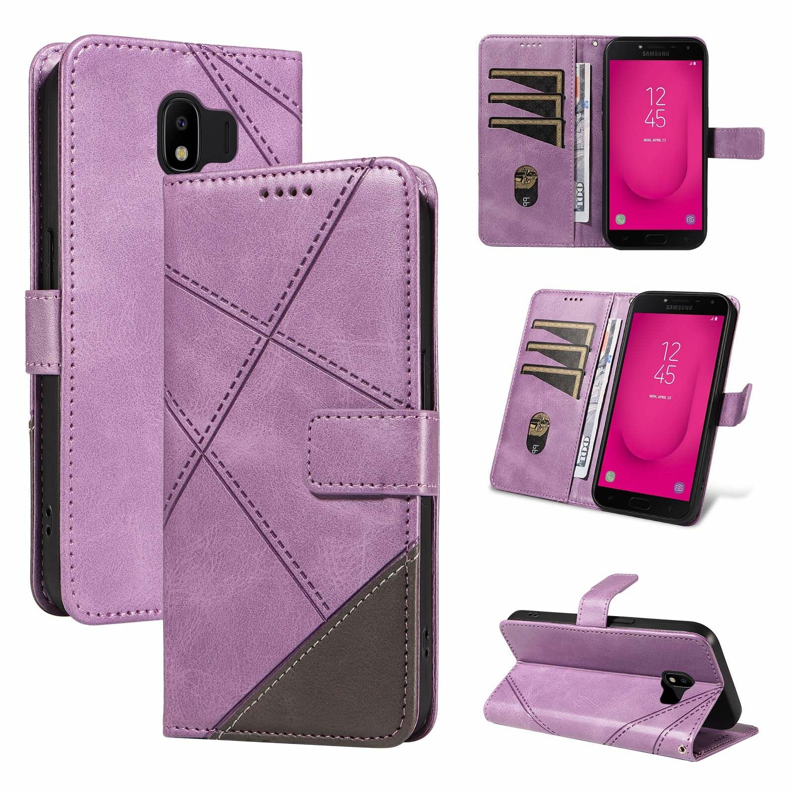 YIKATU Чехол книжка для Samsung Galaxy J4 2018 (Самсунг Галакси Джей 4 2018) кожаный черный с магнитной застежкой, flip чехол с функцией подставки, С вытяжным шнуром