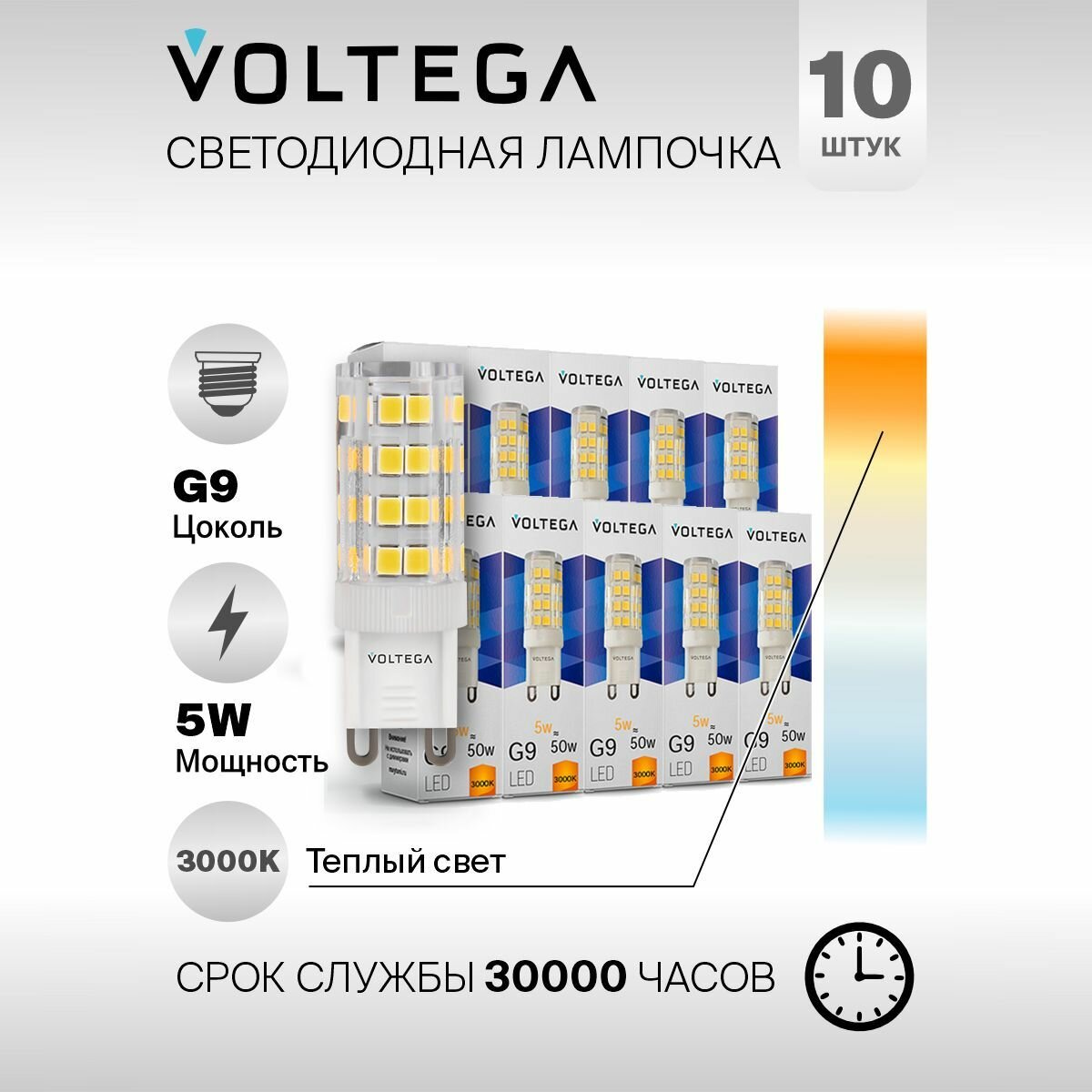 Лампочка светодиодная форма капсулы 5W теплый свет Voltega Simple Capsule 3000K упаковка 10 штук
