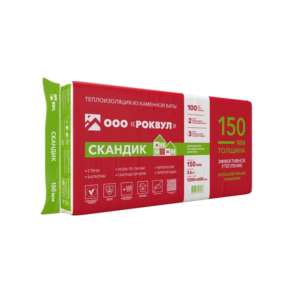Утеплитель Роквул Лайт Баттс Скандик 150х600х1200 мм 3,6 кв. м Роквул ГП-174964