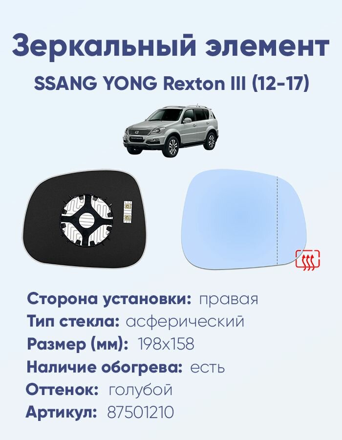 Зеркальный элемент правый SSANG YONG Rexton III (12-17) асферика голубой с обогревом