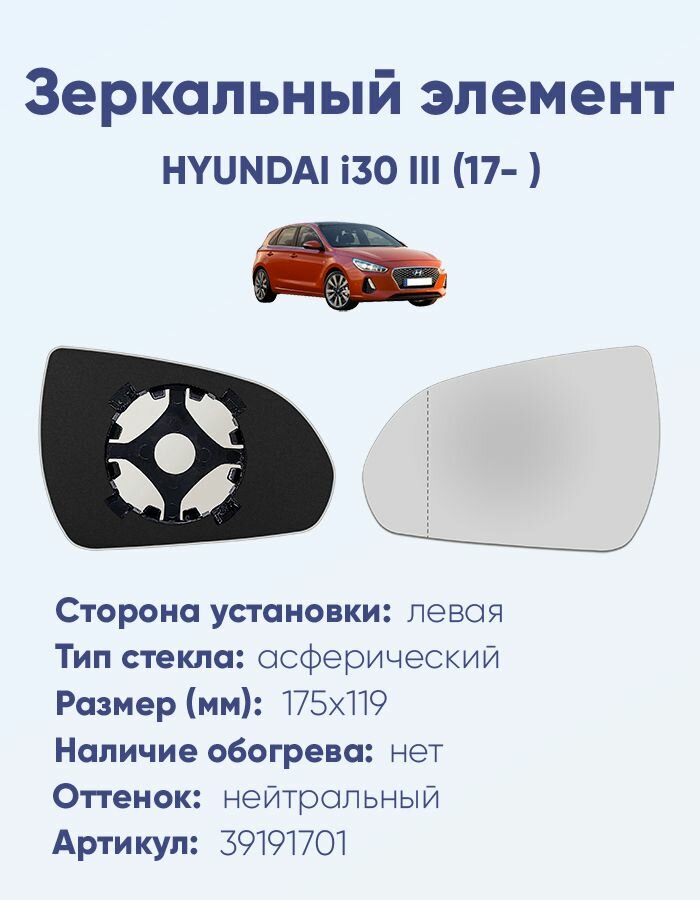 Зеркальный элемент левый HYUNDAI i30 III (17- ) асферика нейтральный без обогрева