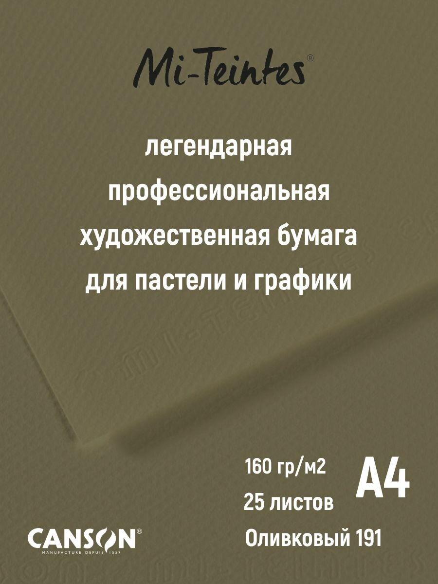 CANSON Mi-Teintes бумага для пастели 160 г/м2, 25 листов A4 21 х 29.7 см, №191 Оливковый C31032S044