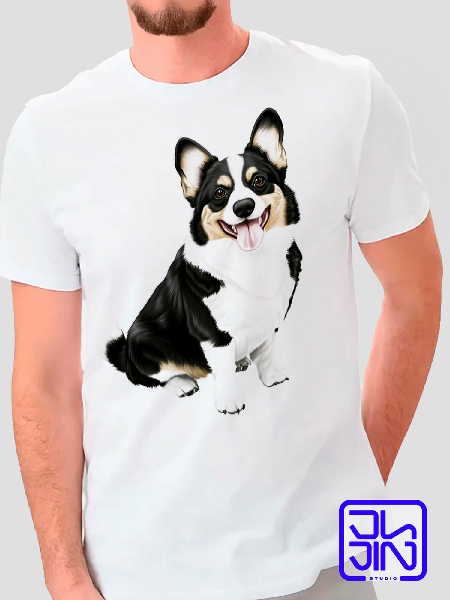 Футболка классическая мужская с авторским принтом Смешной черно-белый принт с веселой собакой корги в черных, белых тонах, белый хлопковый трикотаж с прикольным рисунком на груди