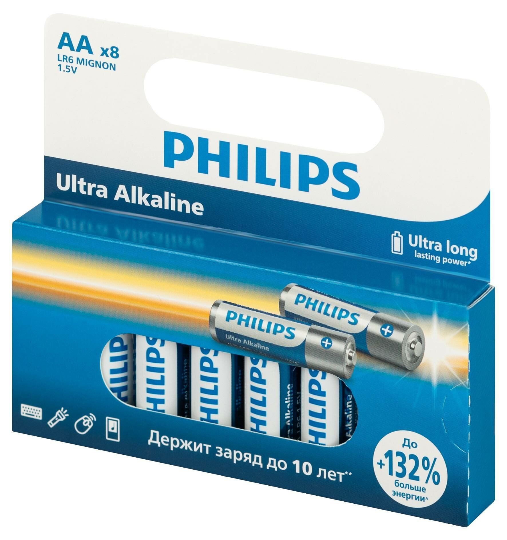 Philips Батарейки LR6E8W/51 АА алкалиновые 1,5v, LR6-8BL Ultra (8/160/19200). Блистер 8 шт.