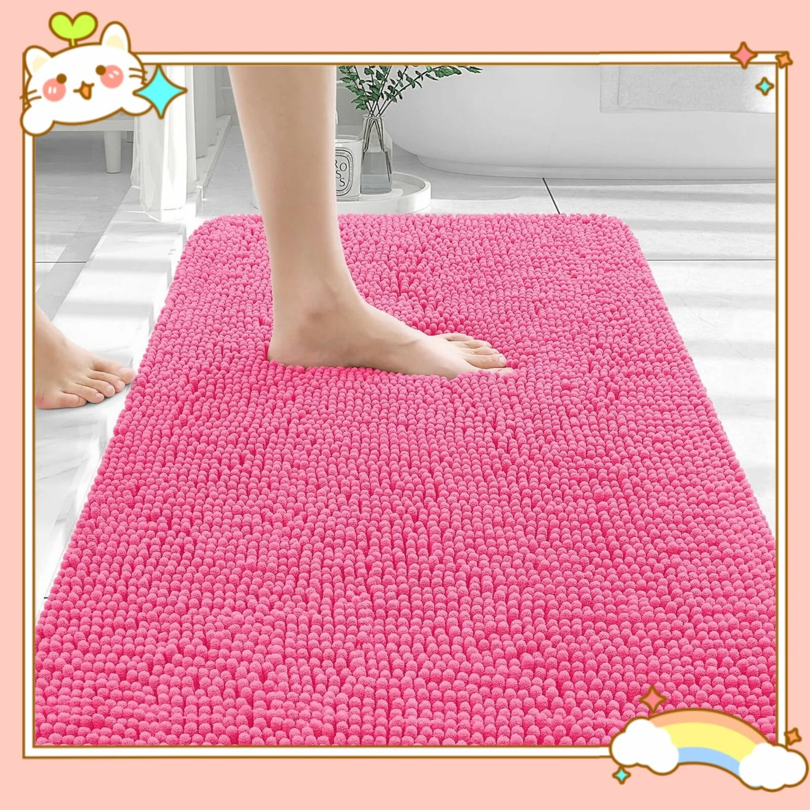 Эксклюзивный коврик для ванной из синели 50x80 см, розовокрасный, с резиновой подложкой, характеризующийся высокой мягкостью и впитываемостью, возможностью машинной стирки и быстрым высыханием