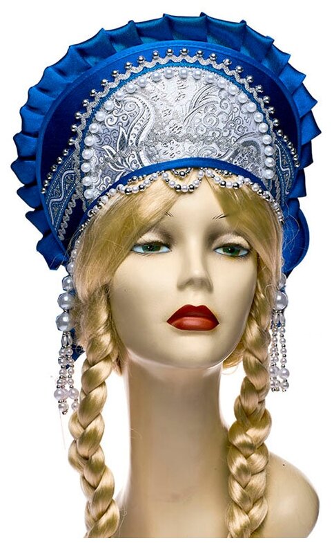Кокошник "Сударушка" КС-03 (с оборкой) (Цв: Синий-Серебряный )