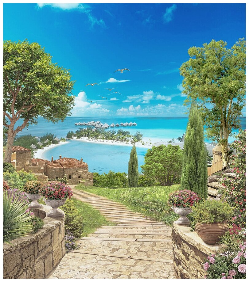 Фотообои Уютная стена "Украшенная цветами лестница к морю" 240х270 см Виниловые Бесшовные (единым полотном)