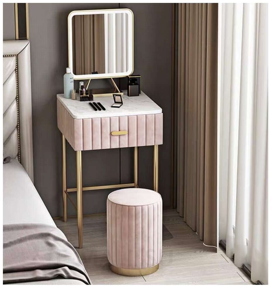 Компактный туалетный столик шириной 40/50/60 см обитый велюром Belle (розовый велюр ширина 50 см + пуфик + квадратное зеркало)