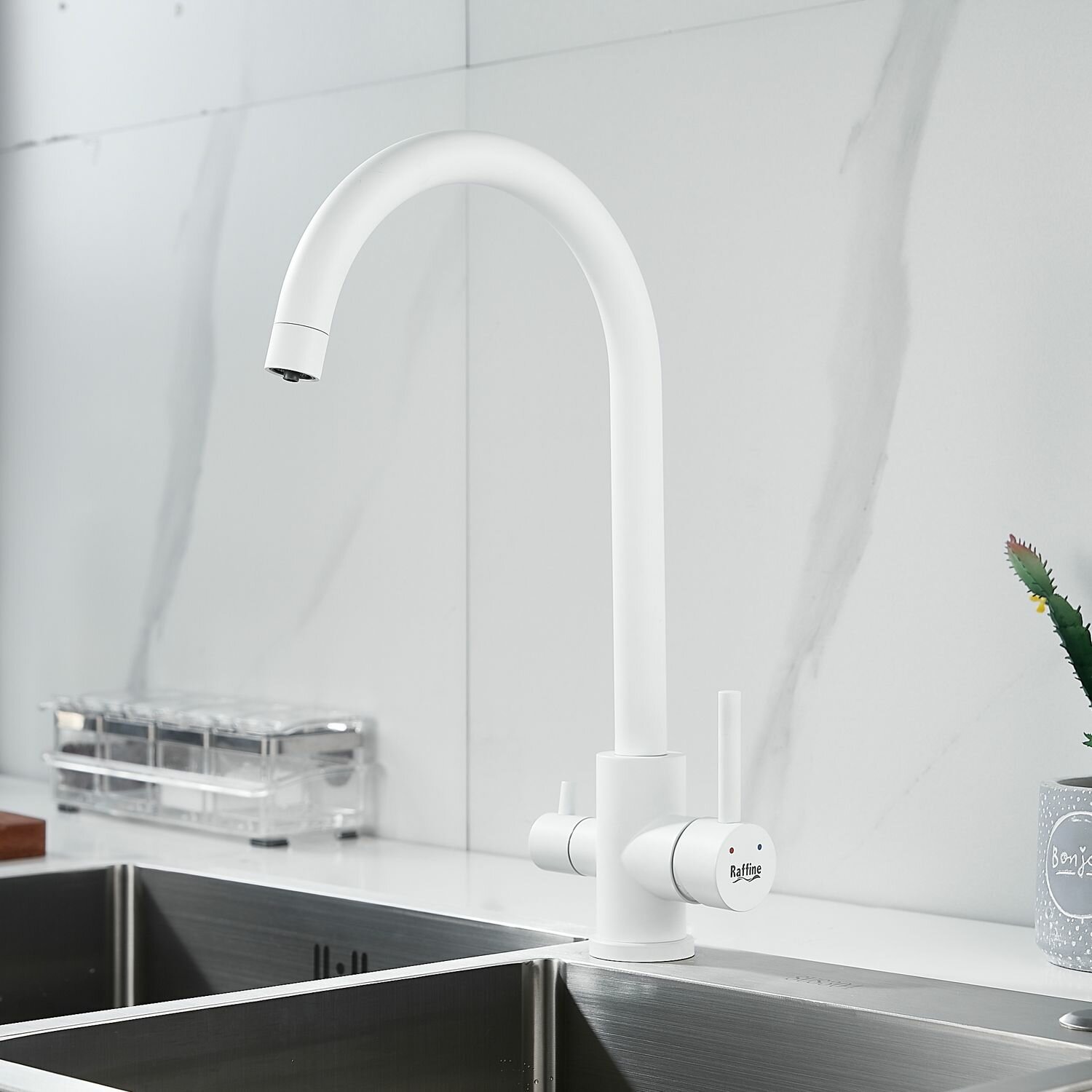 Смеситель Raffine F108C для кухни, нержавеющая сталь, с подключением фильтра, белый