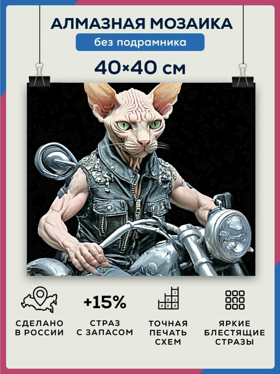 Алмазная мозаика 40x40 Кот байкер без подрамника