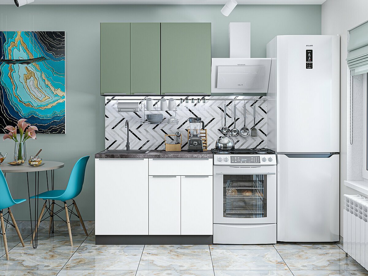 Кухня Фьюжн-05, цвет фасада Silky Mint/Silky White, цвет каркаса Graphite, 2140*1100*600 мм