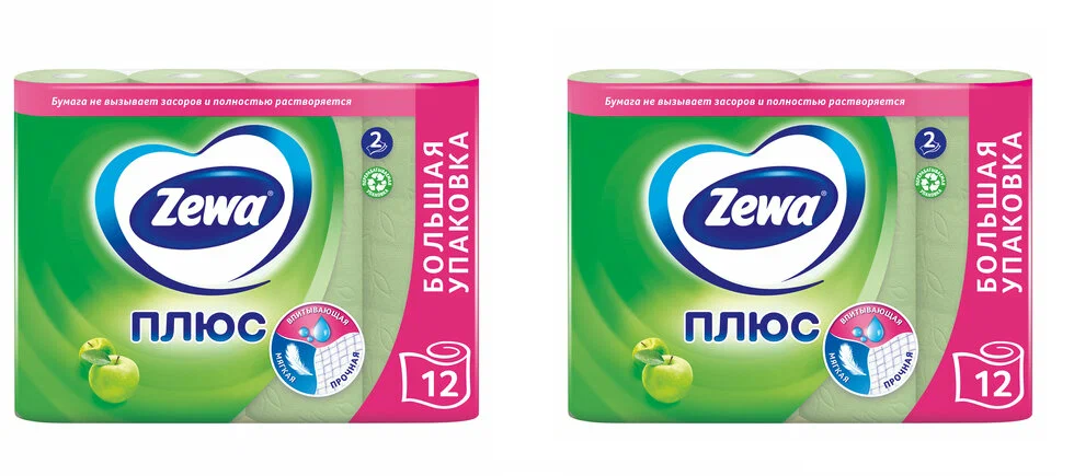 Туалетная бумага Zewa плюс 2-х слойная Яблоко, 12 шт, 2 уп