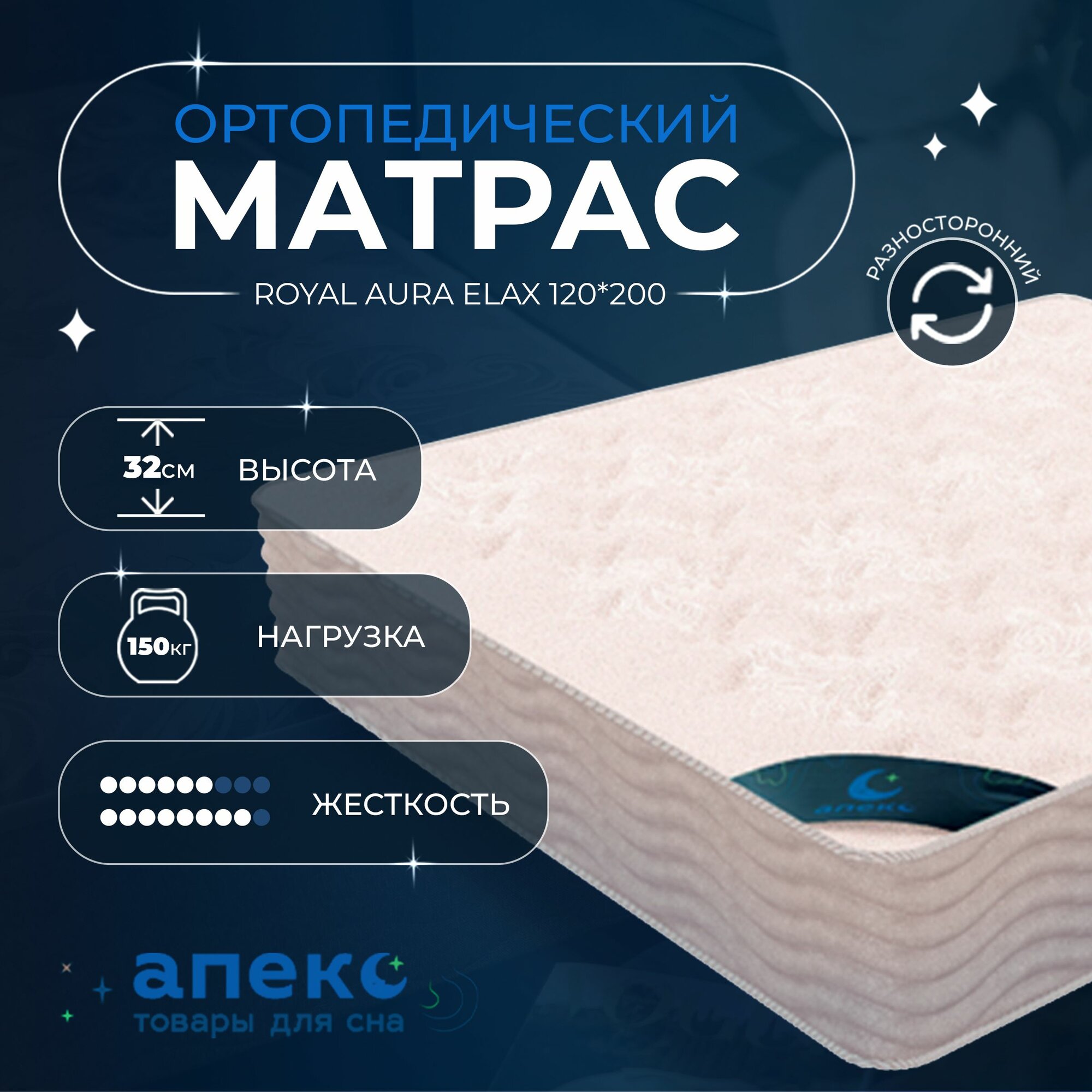 Матрас 120*200 апекс Royal Aura Elax Organic, Беспружинный, высокоэластичная пена Elax, Инновационный материал на основе полимерной матрицы