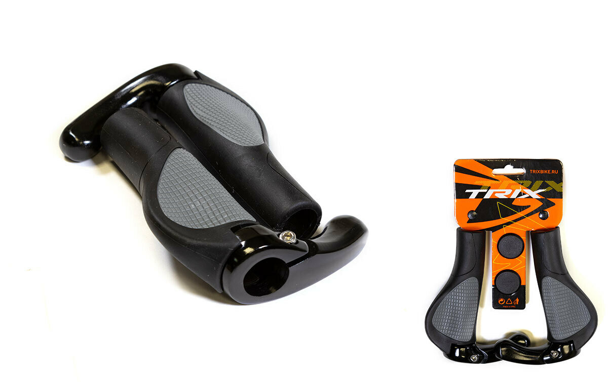 Грипсы TRIX, резиновые, 140мм, 2-х компонентные, эргоном, алюминиевые фиксаторы - рога на руль черные - 2шт.