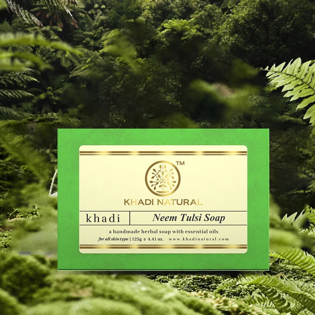 Мыло Ним Тулси ручной работы с эфирными маслами Кхади Neem Tulsi Handmade Herbal Soap With Essential Oils, Khadi Natural