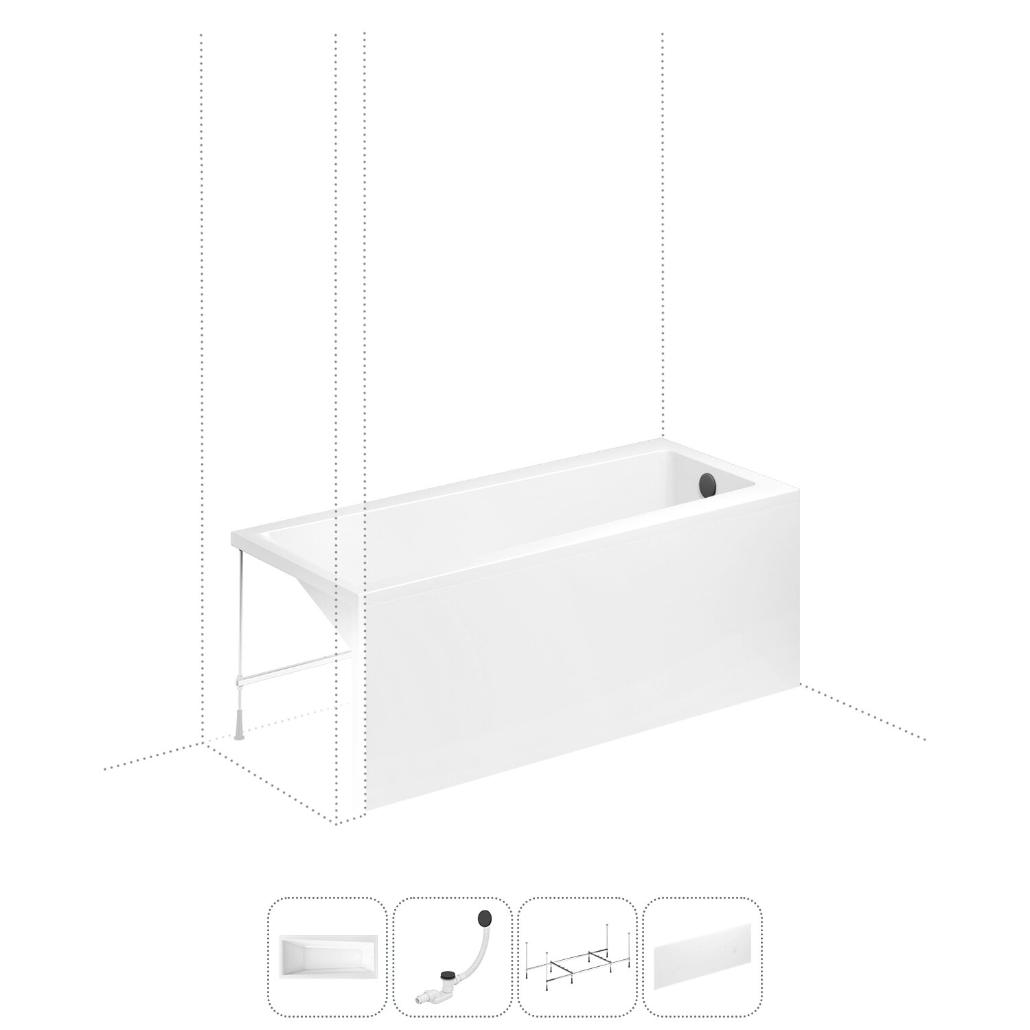 Акриловая ванна 150x75 с каркасом и экраном Lavinia Boho Rock 202011212 в наборе 4 в 1: прямоугольная ванна 150 x 75 см, слив-перелив, каркас, экран