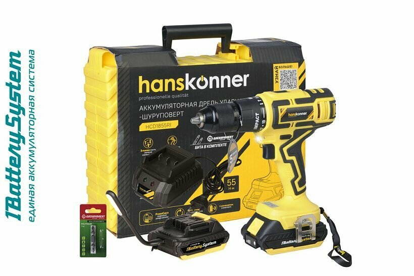 Шуруповерт ударный HANSKONNER HCD1855RI Регулировка оборотов - Есть Тип инструмента - Аккумуляторный Реверс - Есть