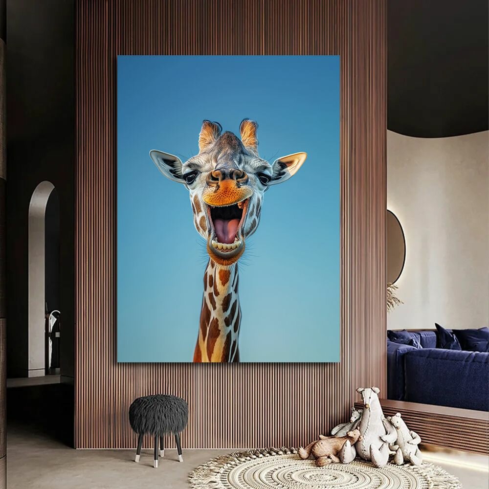 Картина "Забавный жираф", поп-арт, на холсте, на подрамнике, дерево