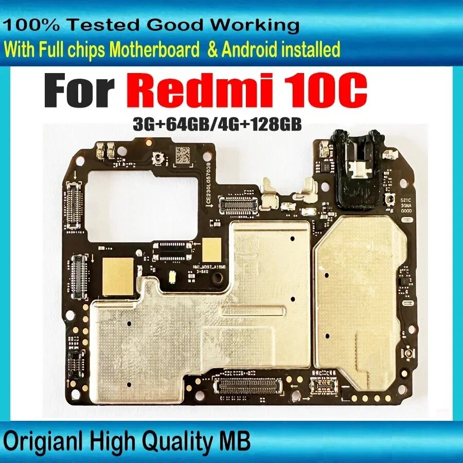 Разблокированная основная плата для материнской платы Redmi 10C, оригинальная материнская плата с микросхемыми схемами, гибкий кабель 64 ГБ 128 ГБ, полная работа 4G RAM 128GB ROM
