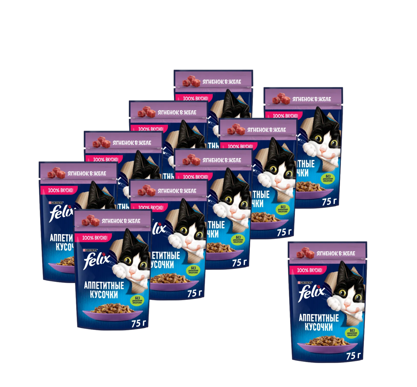 Felix 75 г пауч влажный корм для кошек аппетитные кусочки с ягненком x 10 шт.