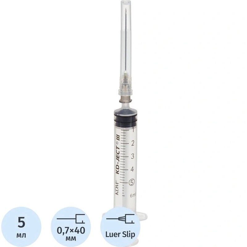 Шприц 3-комп. однораз. 5мл LS 22G(0,7x40) прил. 100шт/уп KD-Ject III