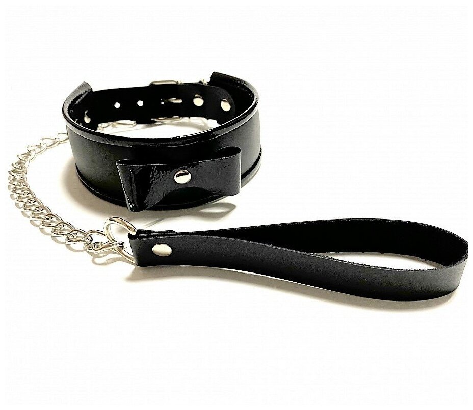 Лакированный БДСМ ошейник с поводком и с бантиком, 50010