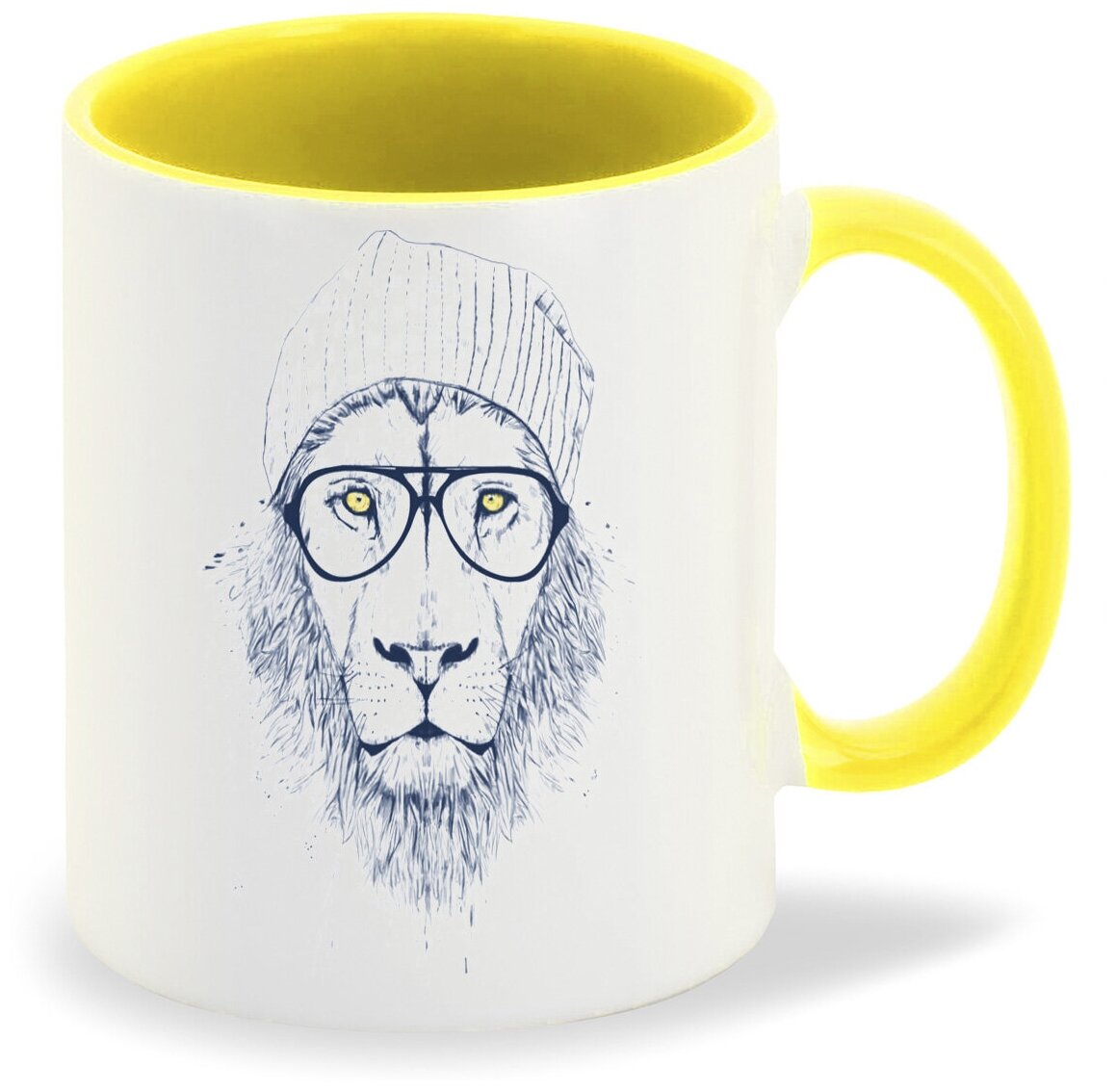 Кружка желтая CoolPodarok Лев в шапке с очками желтые глаза